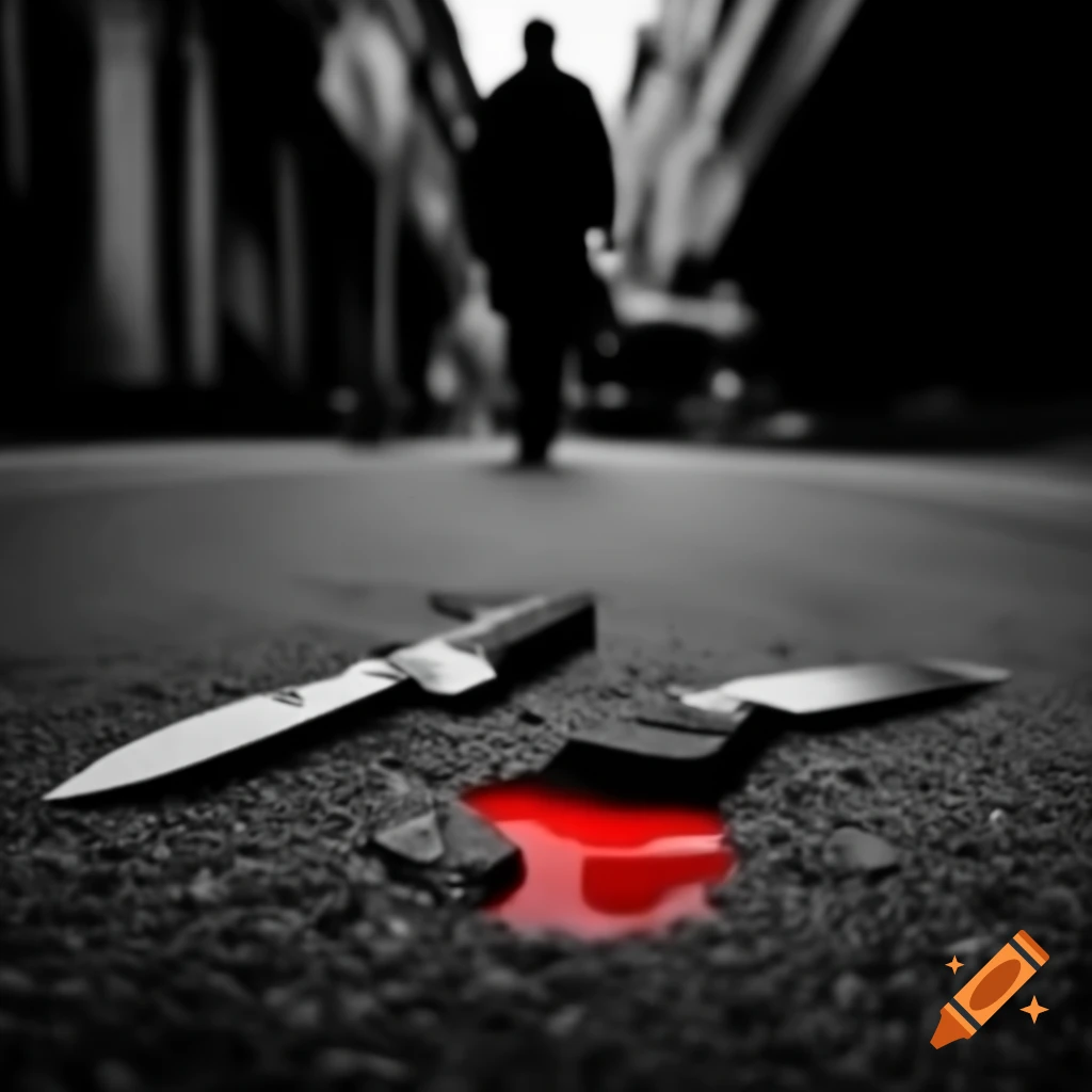 Broken knife on pavement with shadow of person walking in gritty urban ...
