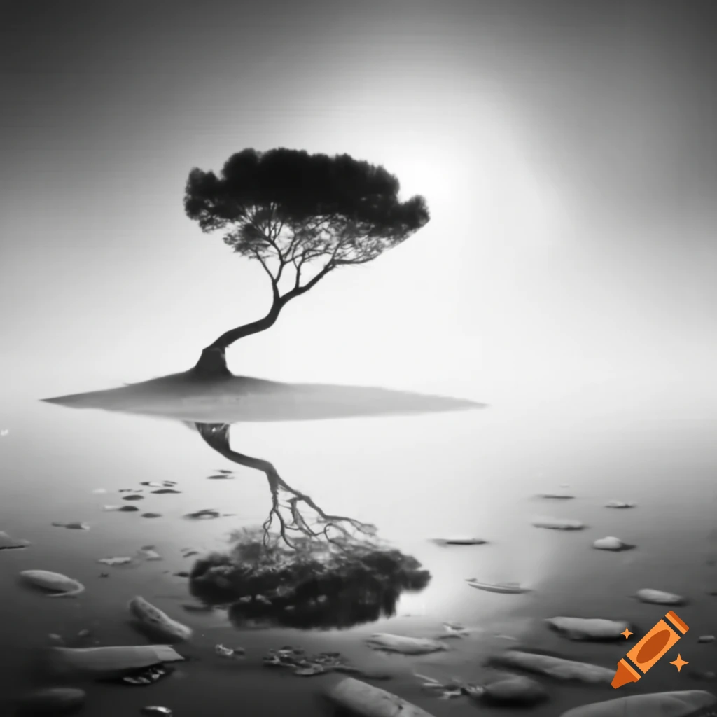 Heavy rainfall with an island and pine tree floating in the air ...