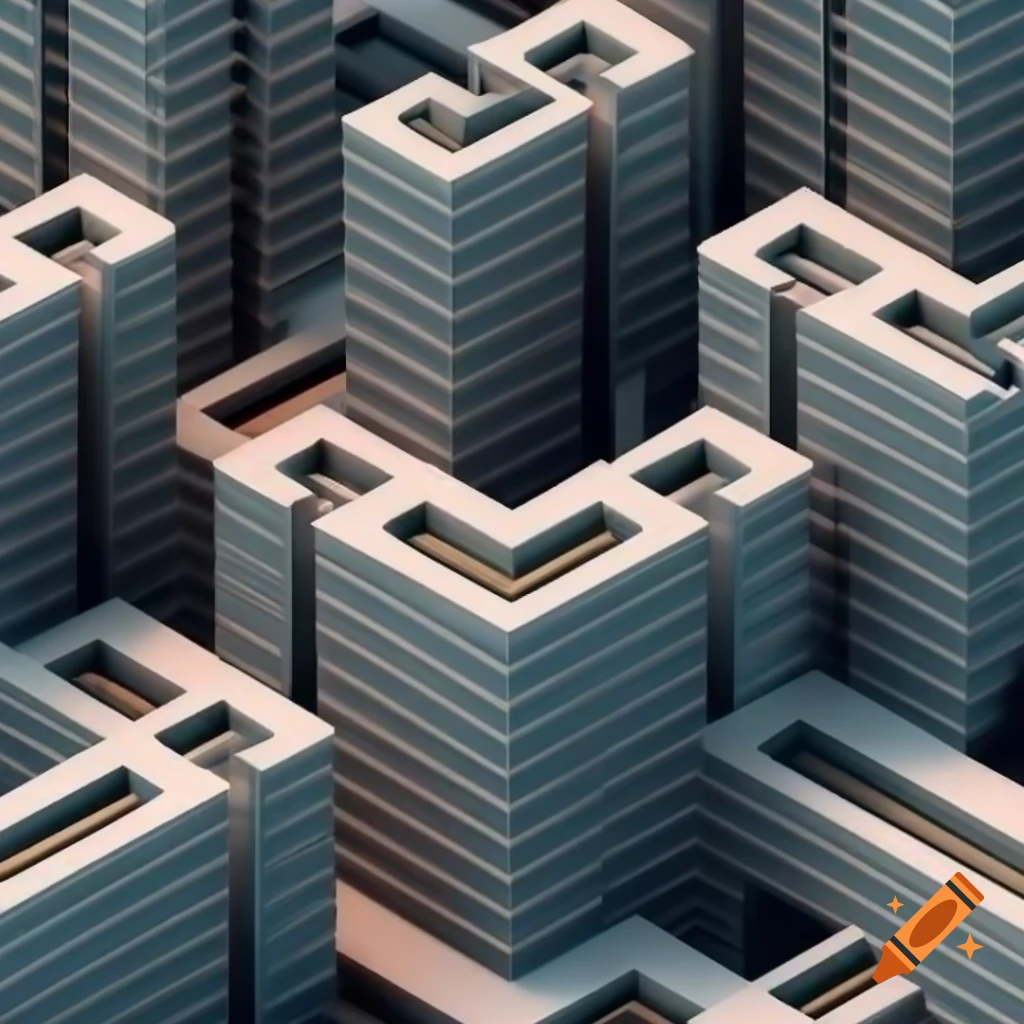3D muted clean lines blocky pattern blending into city buildings on Craiyon