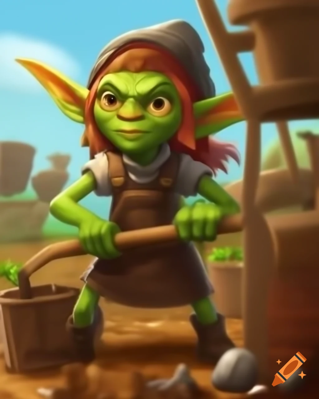 Green-skinned goblin girl farmer tending to crops on a farm on Craiyon
