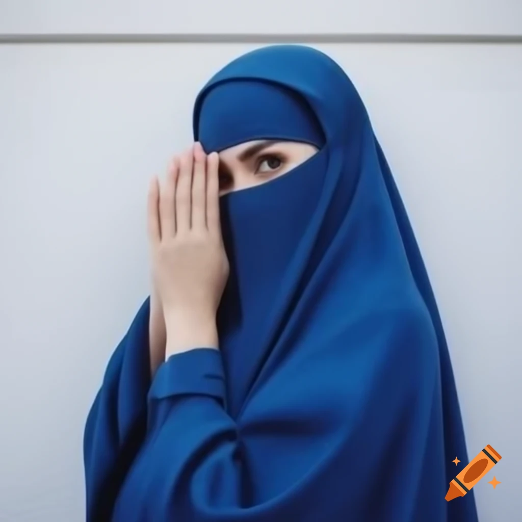 Beautiful Russian woman in blue burka against white wall on Craiyon