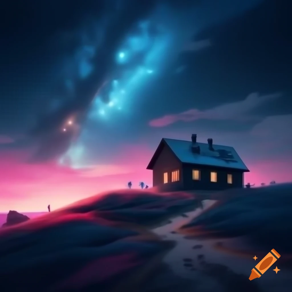 Bulging wooden house on hill under pink and blue night sky with two ...
