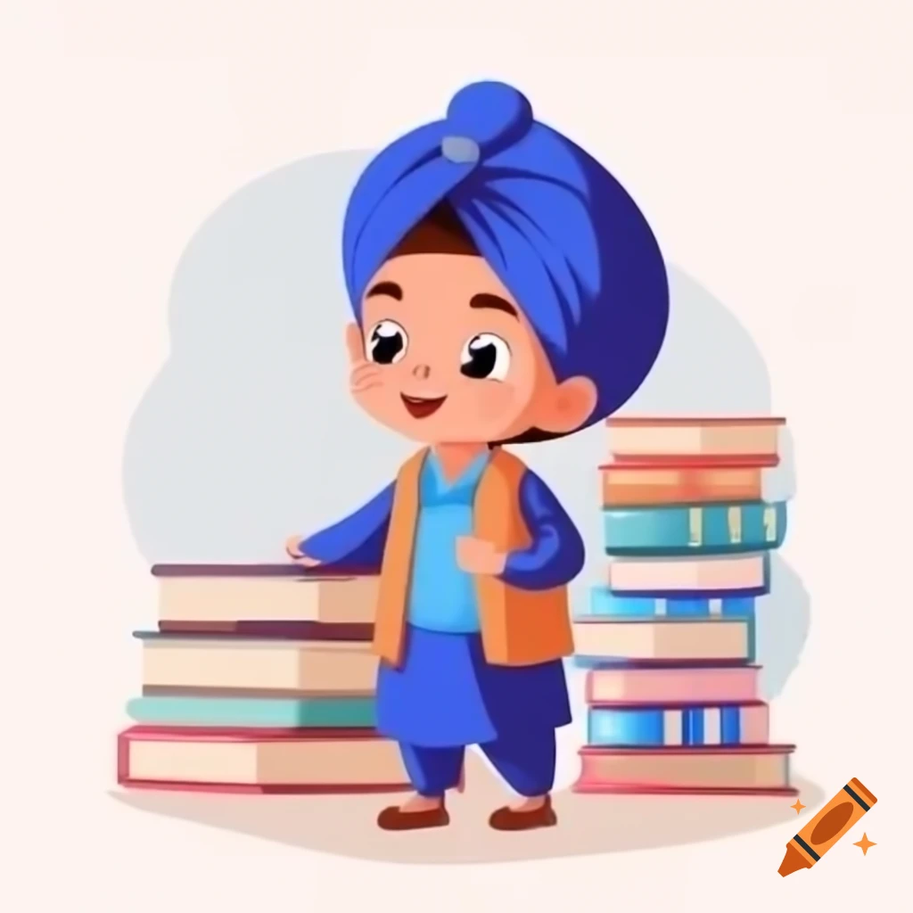 Cheerful Sikh child in cartoon style holding books and a pen on Craiyon