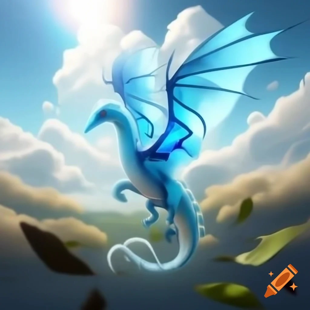 White wyvern with stained glass wings flying in aerial world with dusk ...