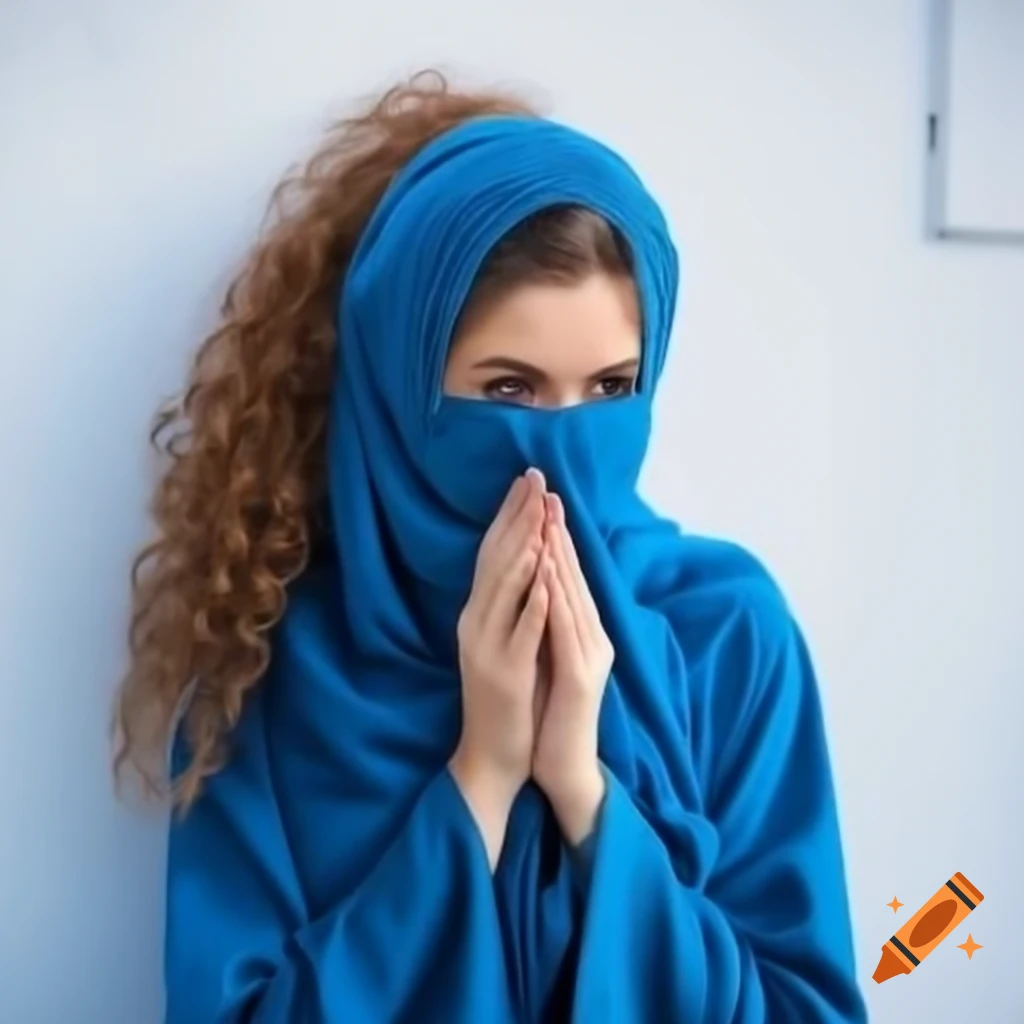 Beautiful Russian woman in blue burka against white wall on Craiyon