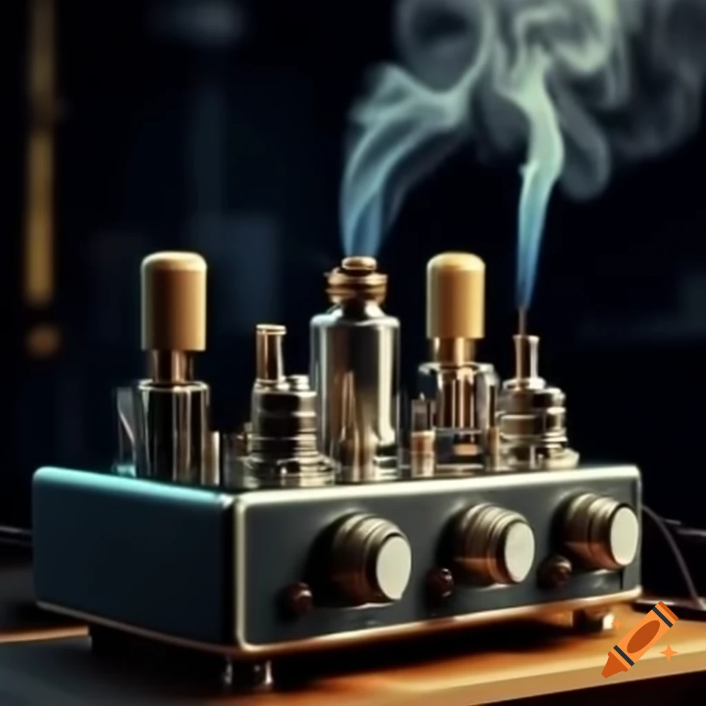 Photo realistic steampunk themed valve audio amplifier on Craiyon