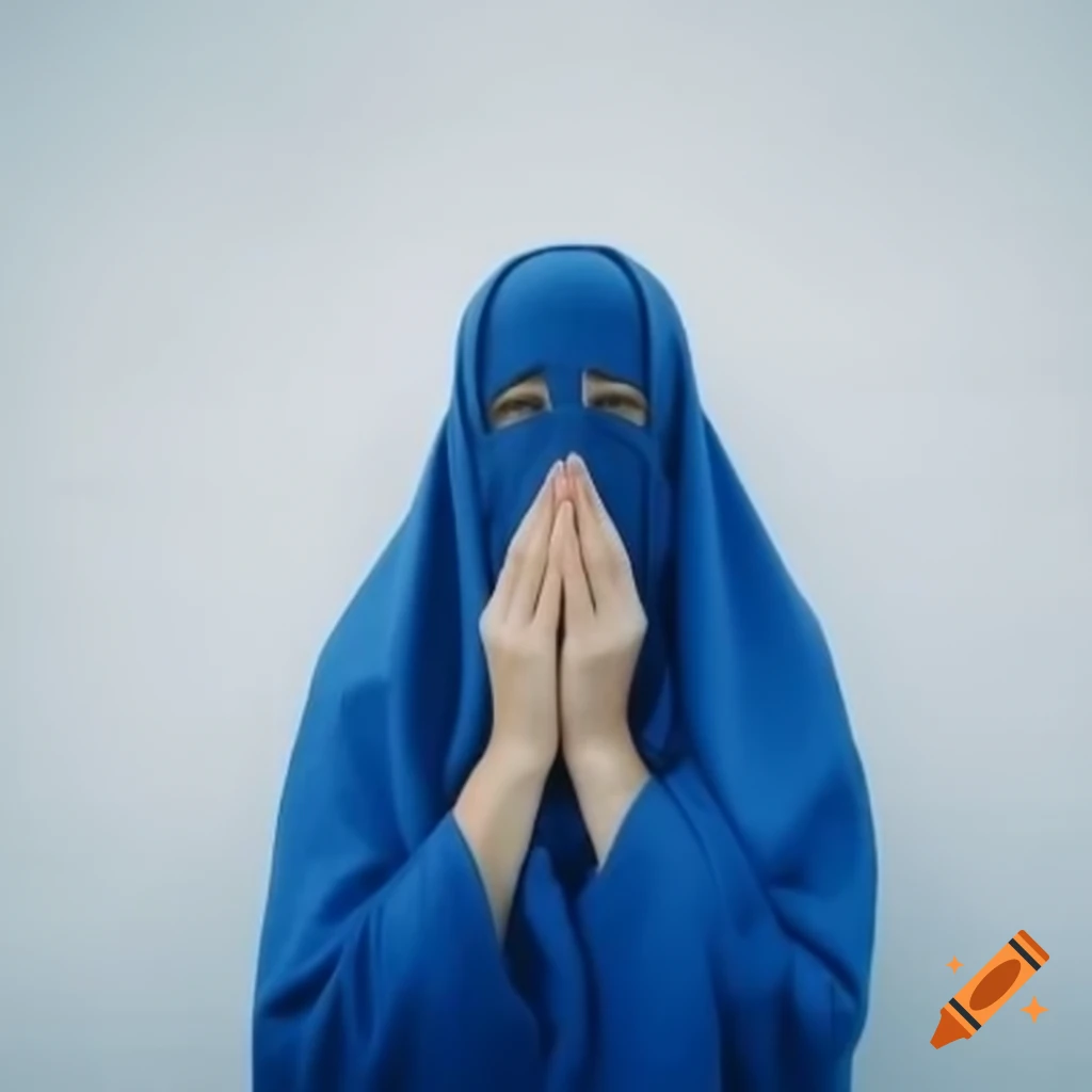 Beautiful Russian woman in blue burka standing against white wall on ...