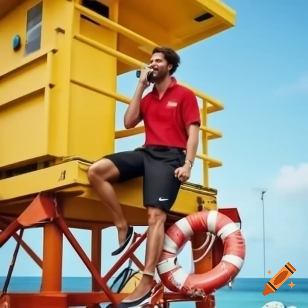 Lifeguard in red polo and black shorts communicating via walkie talkie ...