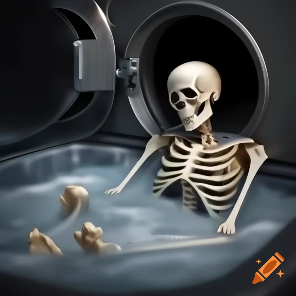 Skeleton in front of whirlpool washing machine holding head in despair ...