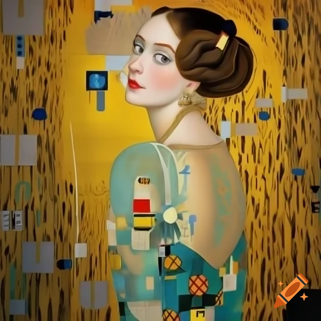 Stylized portrait of a woman in gold mosaics and floral motifs inspired ...