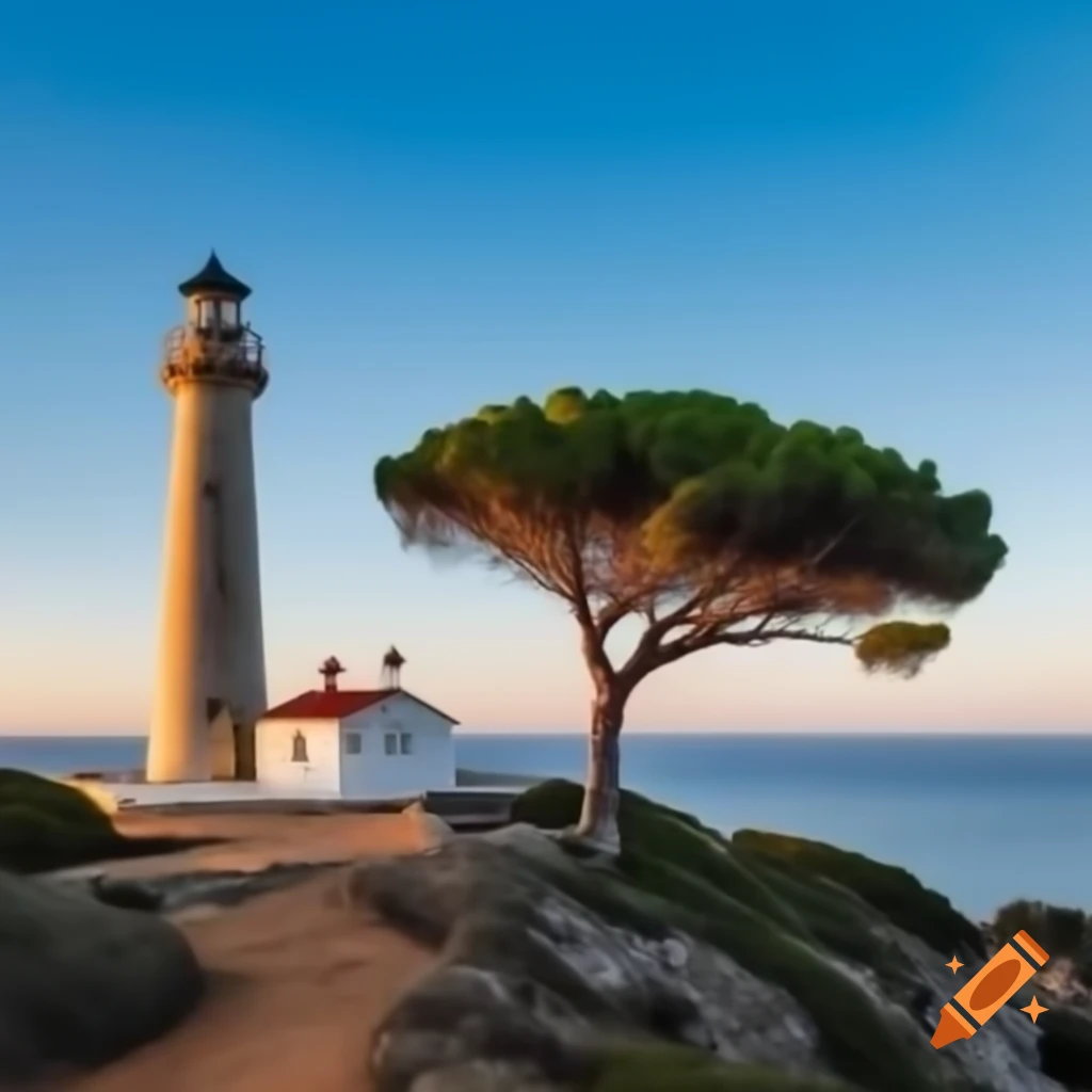 Lighthouse with wind-beaten pine tree by Mediterranean Sea, off ...