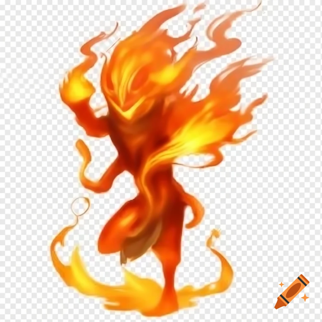 Vivid humanoid figure made of flames in orange and yellow, dynamic ...