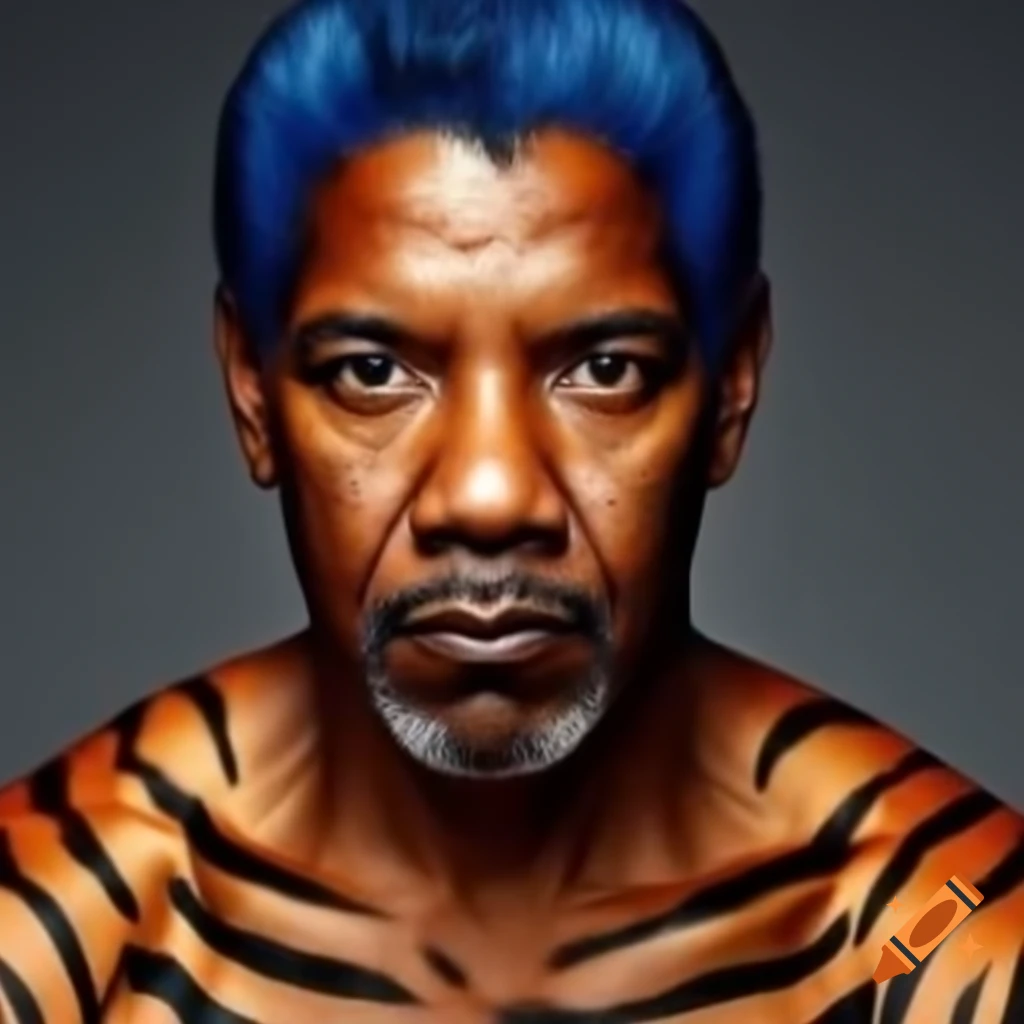 Muscular man with tiger makeup featuring blue hair, orange skin, and ...