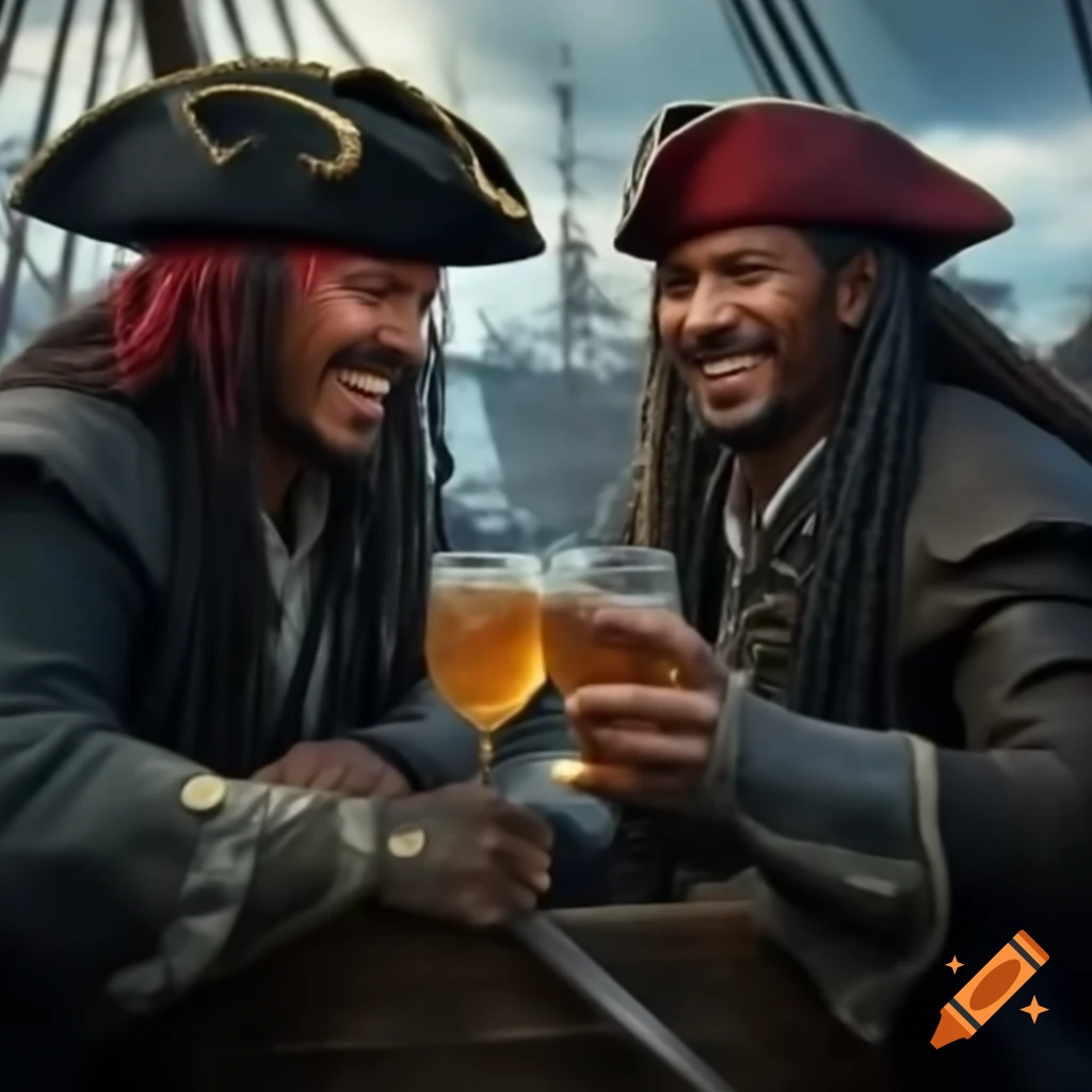 Two pirates laughing on a ship, holding shining swords and drinks on ...