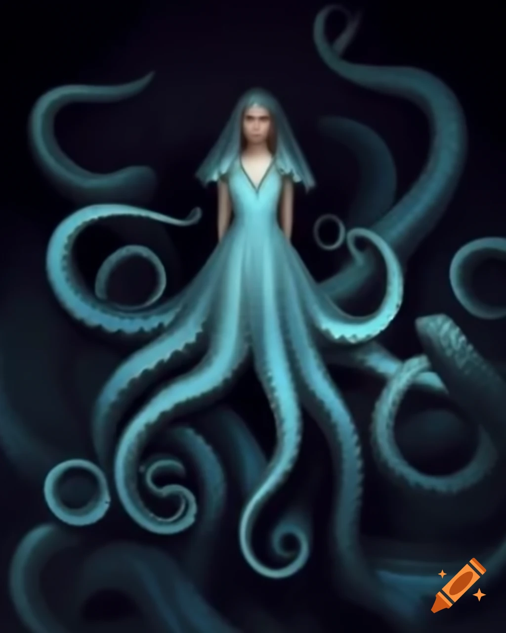 Surreal fantasy art of an octopus queen in a tentacle dress on Craiyon
