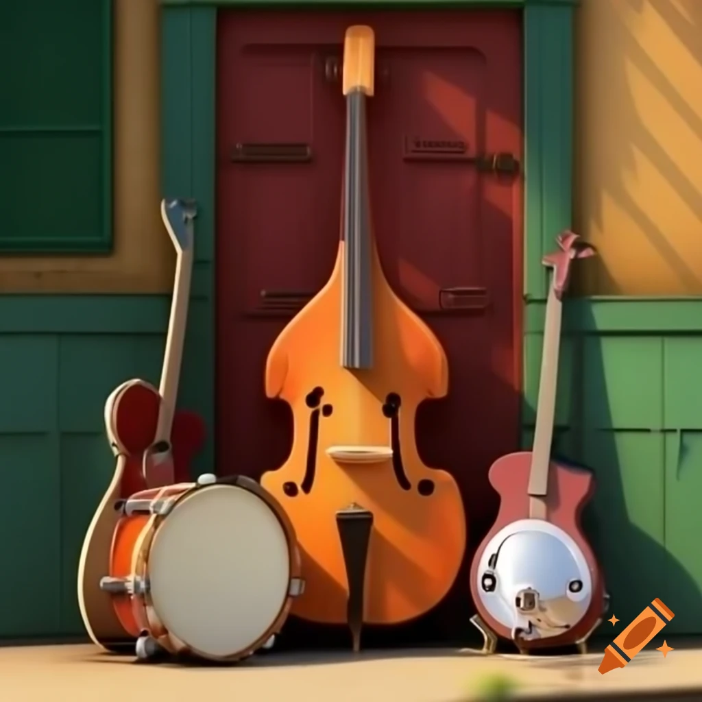 Upright bass, snare drum, acoustic guitar, and resonator guitar in old ...