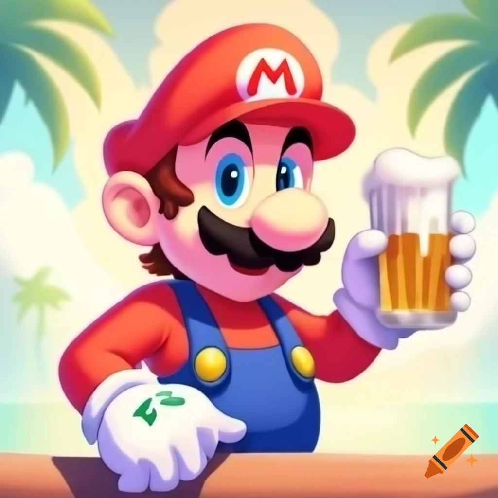 Cartoony Mario from Super Mario 64 holding a beer in Florida setting on ...