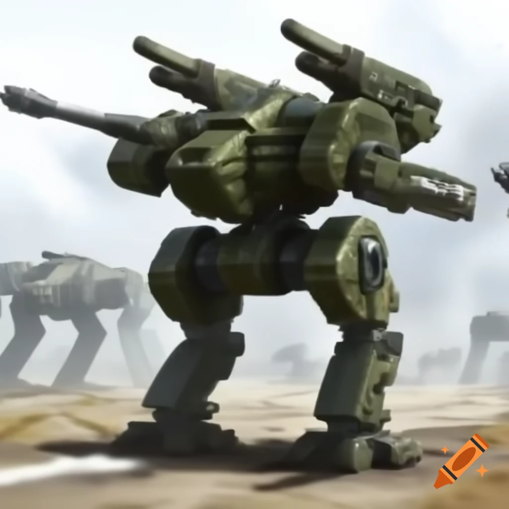 Heavily armored bipedal battle mech with angular lines and military ...