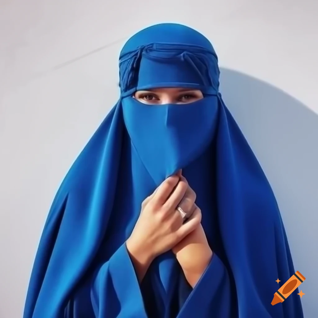 Beautiful Russian woman in blue burka against white wall on Craiyon