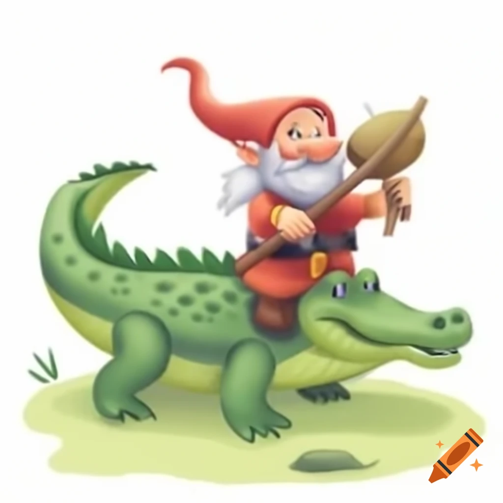 Grumpy dwarf riding crocodile in 2D drawing on Craiyon