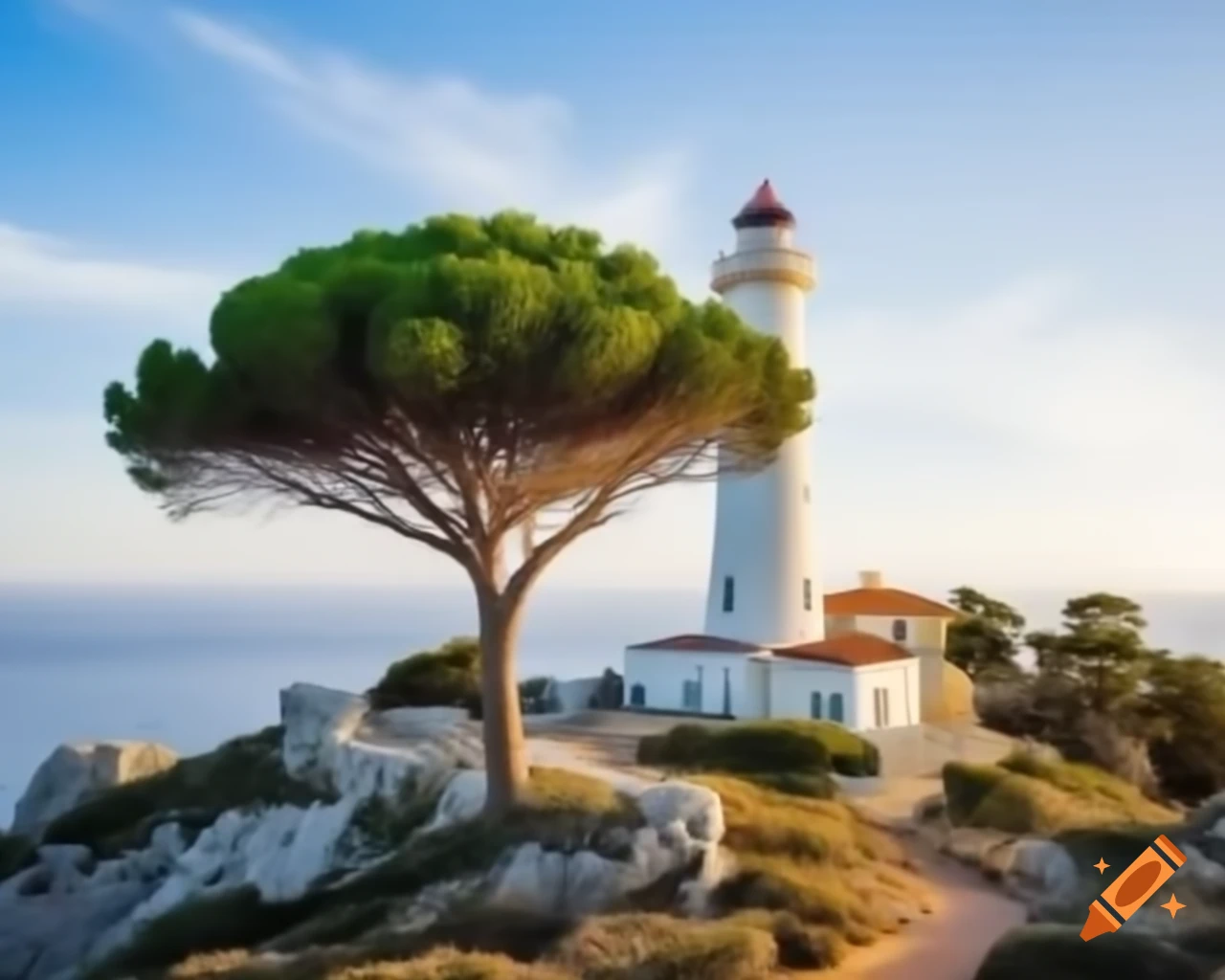 Lighthouse near cliff with windbeaten pine tree in Mediterranean ...