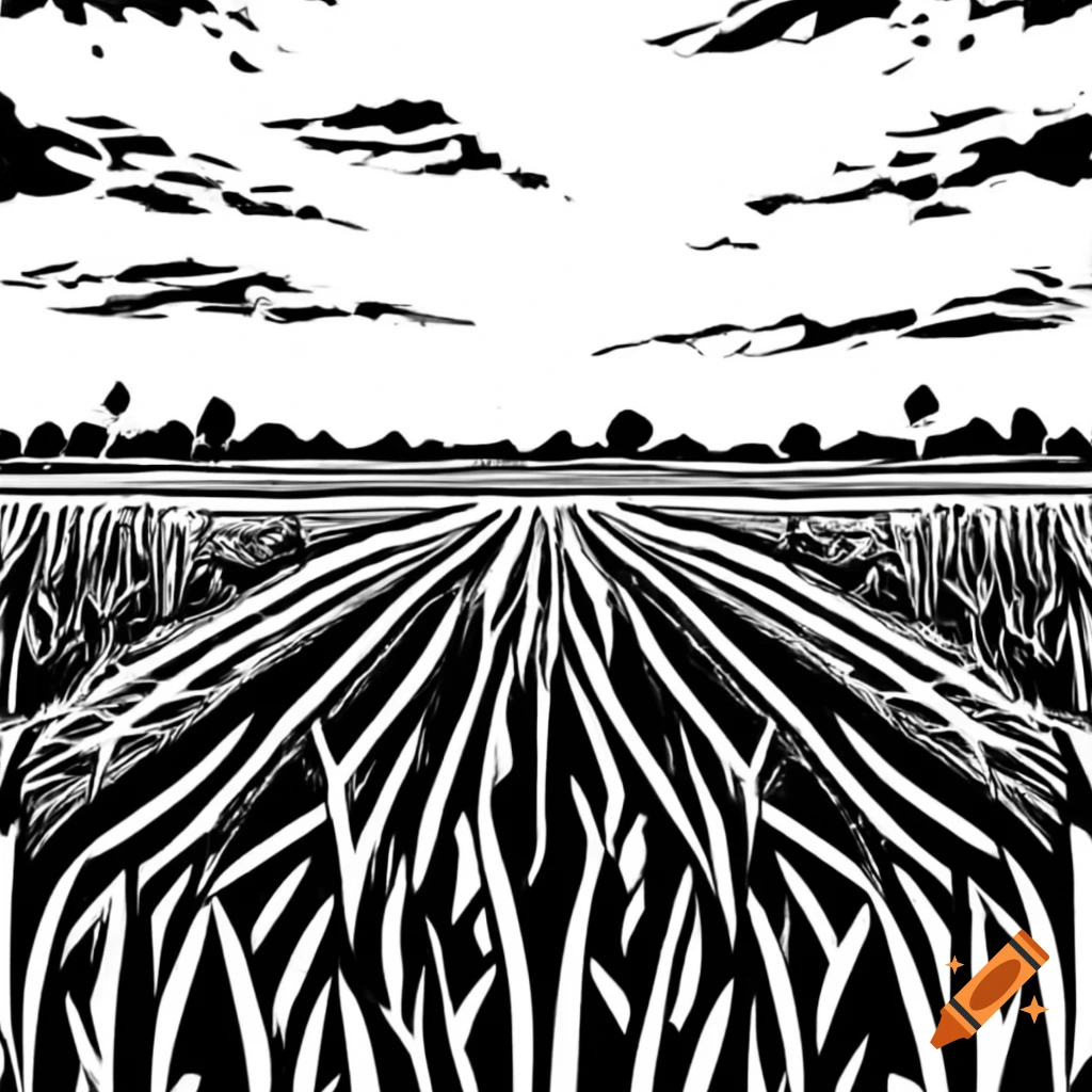 Open field in Brazilian Pantanal, black and white woodcut style on Craiyon