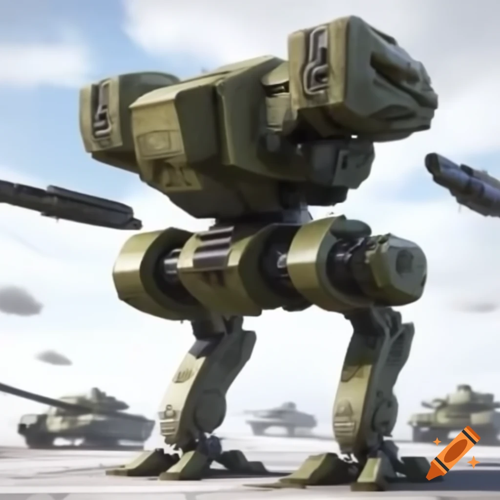 Heavily armored bipedal battle mech with military-inspired design on ...