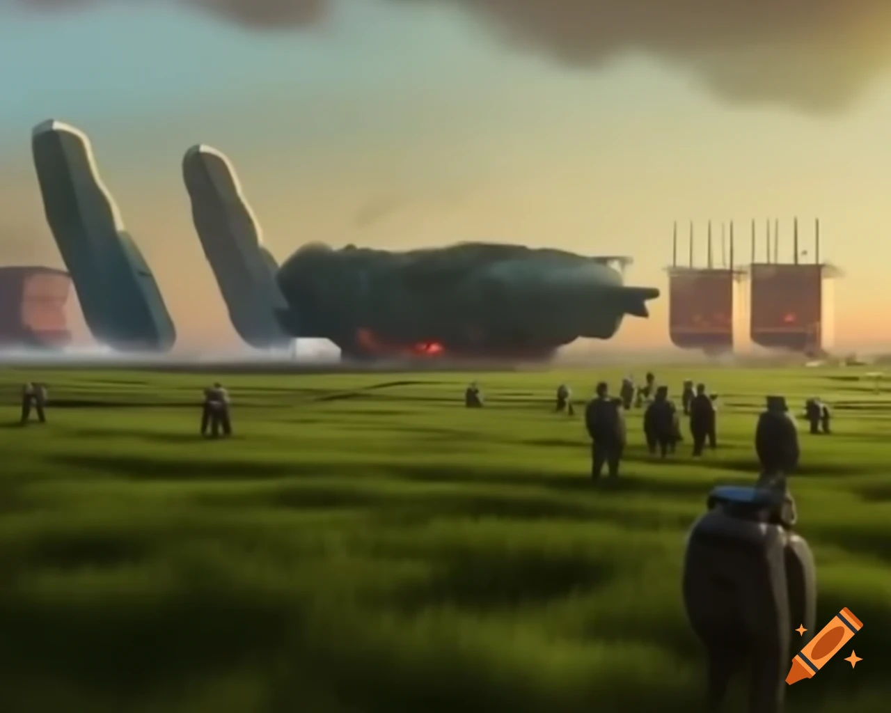 Colossal mint green spaceship freighter docking, showing wear and ...