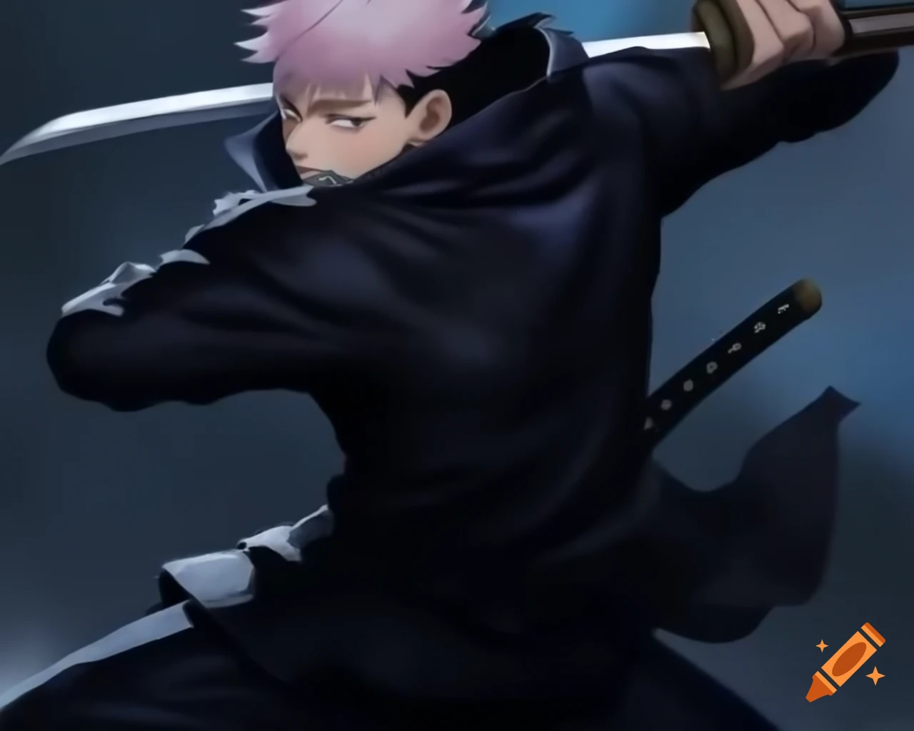 Toji from Jujutsu Kaisen in black armor holding katana on Craiyon