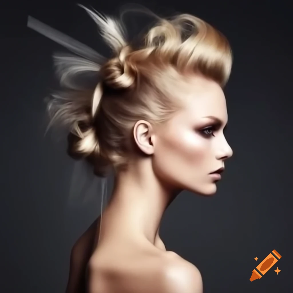 Blonde supermodel with elaborate hair updo and colorful magic ribbons ...