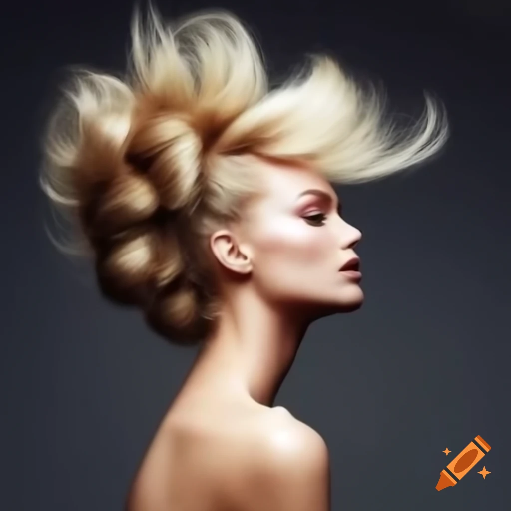 Blonde supermodel with elaborate updo and magic ribbons looking to the ...