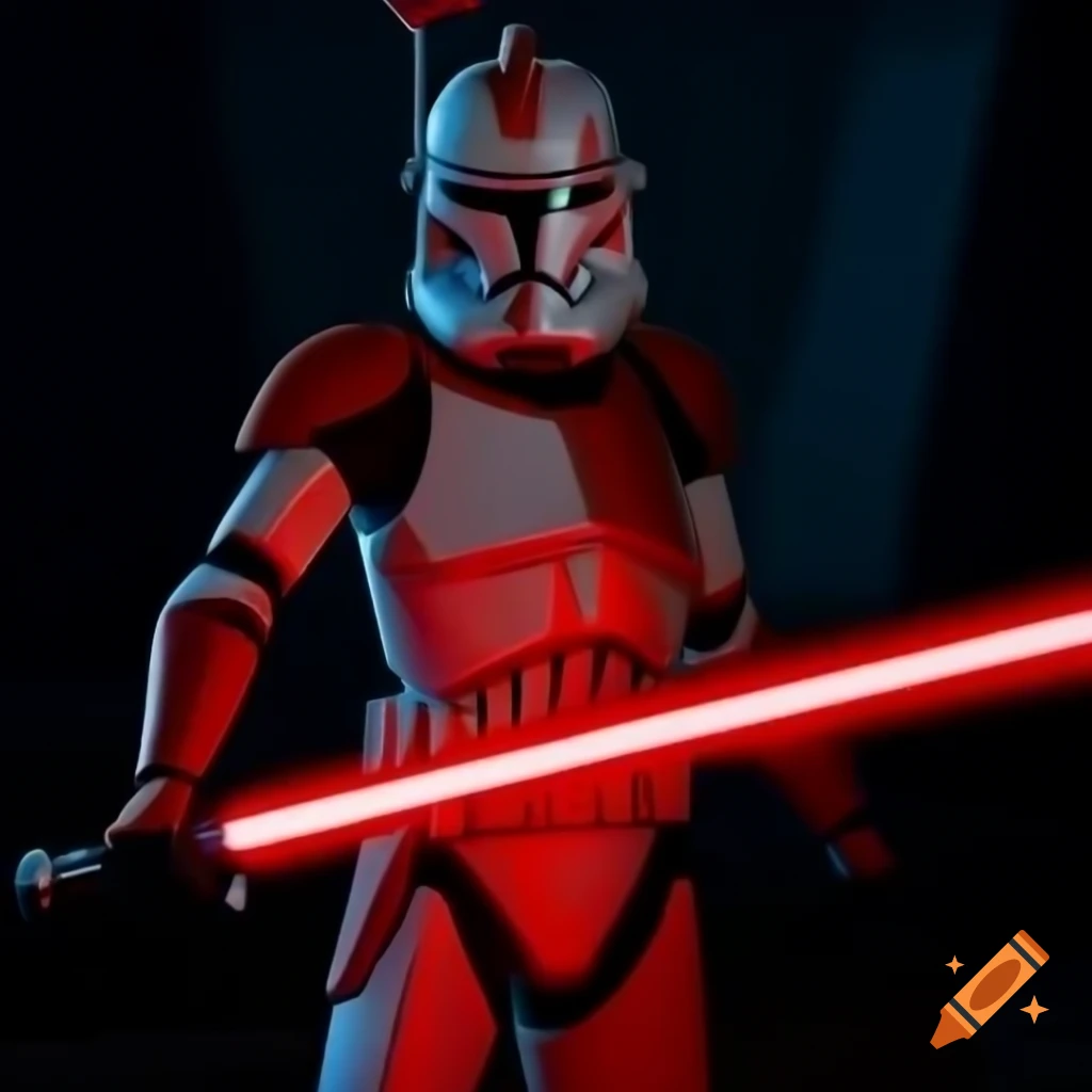 Realistic Star Wars clone wielding four-sided red lightsaber with mild ...