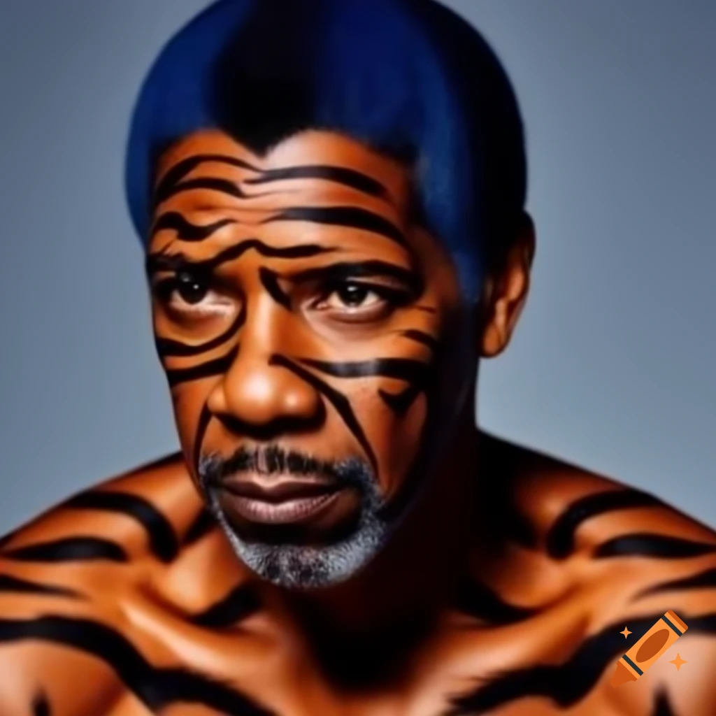 Muscular figure resembling actor with tiger-style makeup and colorful ...