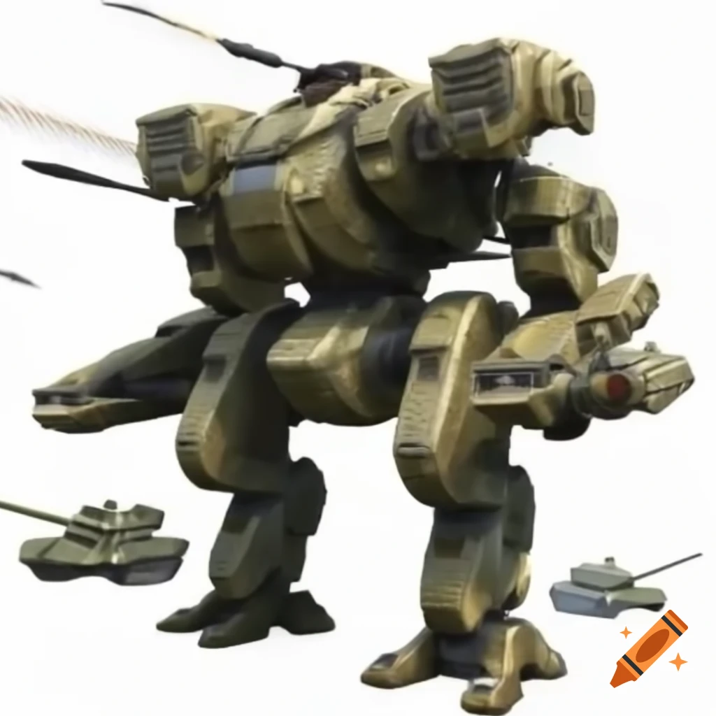 Heavily armored bipedal battle mech with military-inspired design and ...