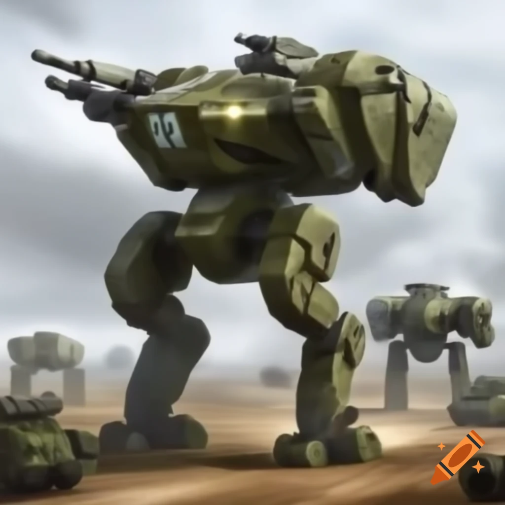 Heavily armored bipedal battle mech with military-inspired design on ...