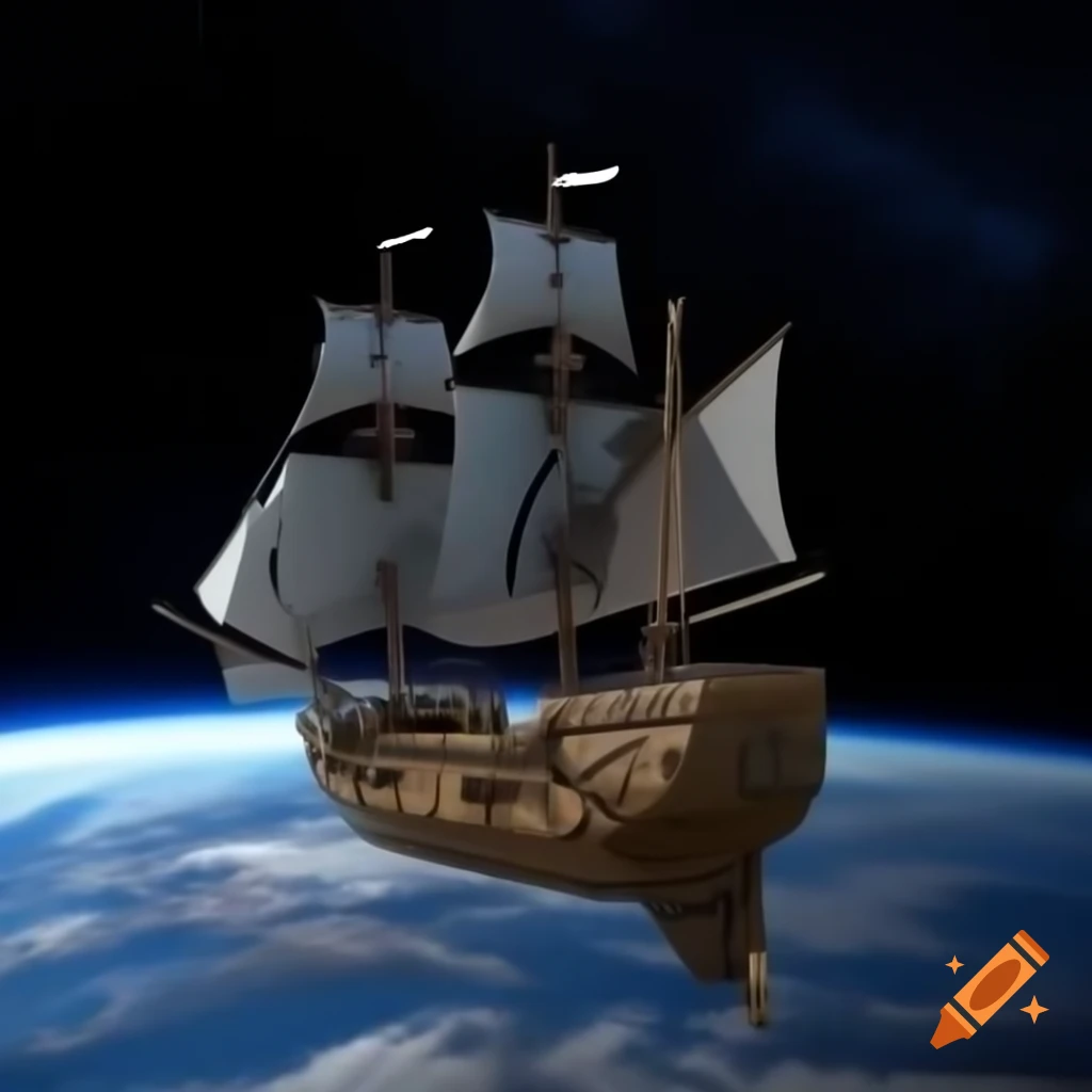 Wooden ship sailing in space manned by wooden and iron robots on Craiyon