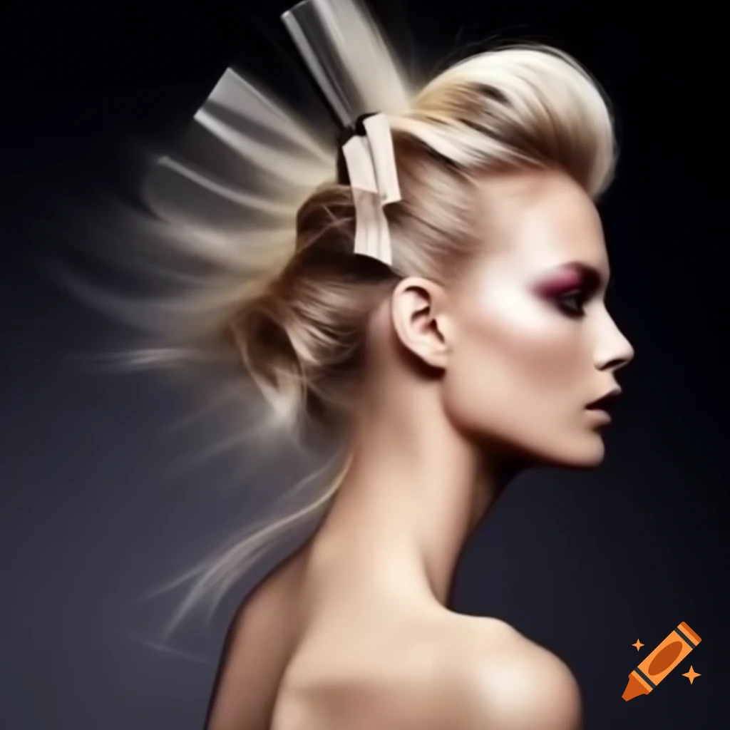 Blonde supermodel with magic hair updo and colorful ribbons on Craiyon