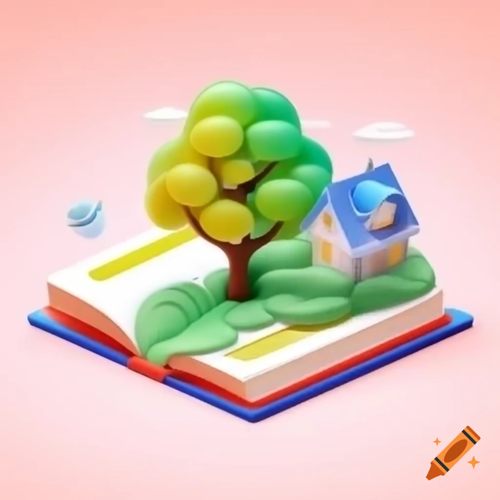 Augmented reality book with 3D tree and house in clipart style on Craiyon