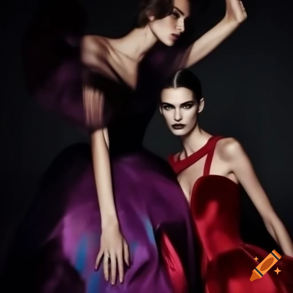 Supermodel in extravagant evening dress with high contrast colors on ...