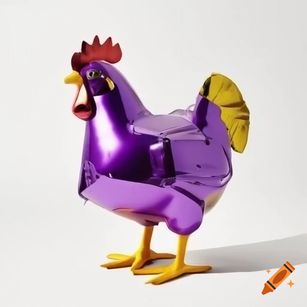 Metallic chicken sculpture made of creased aluminum foil in purple, red ...