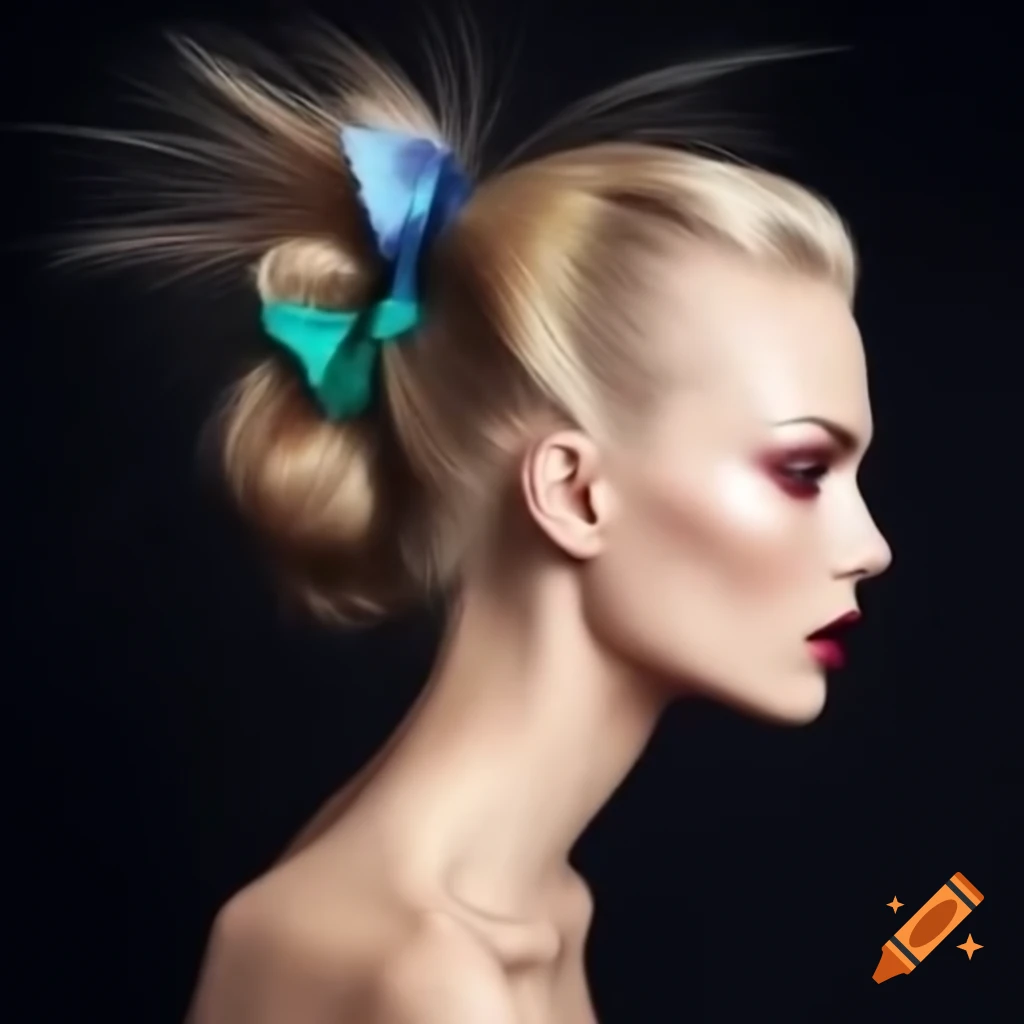 Blonde supermodel with magical hair updo and colorful ribbons on Craiyon
