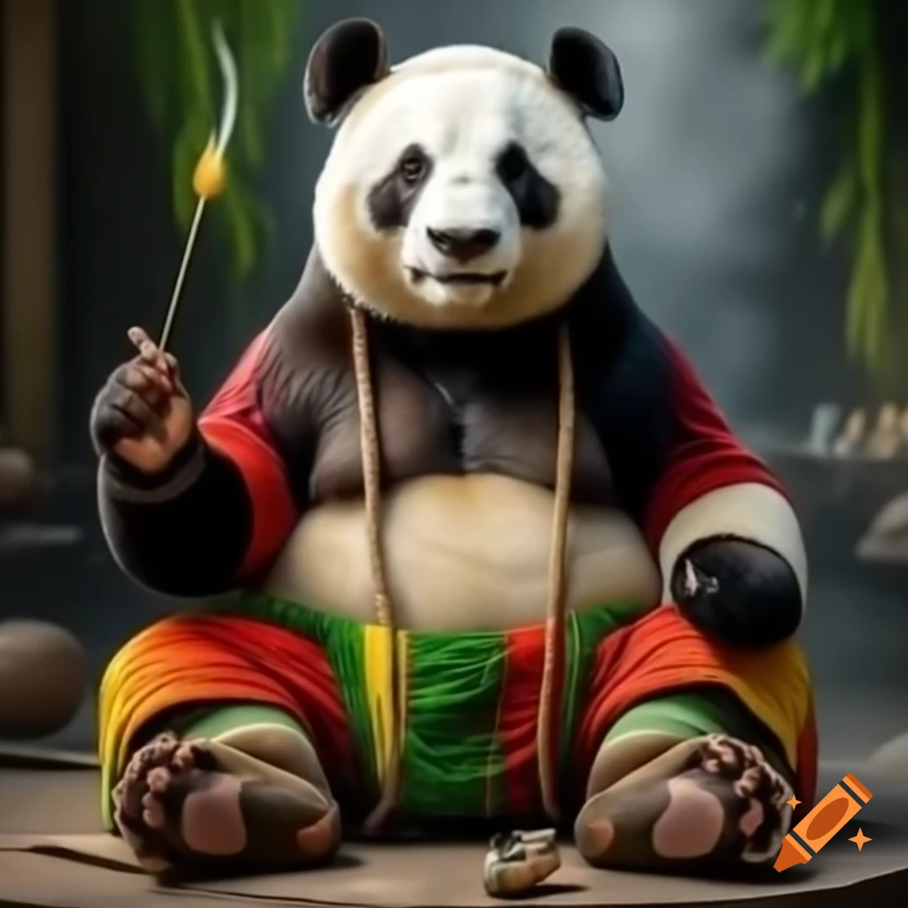 Panda meditating in colorful Rasta attire surrounded by incense on Craiyon