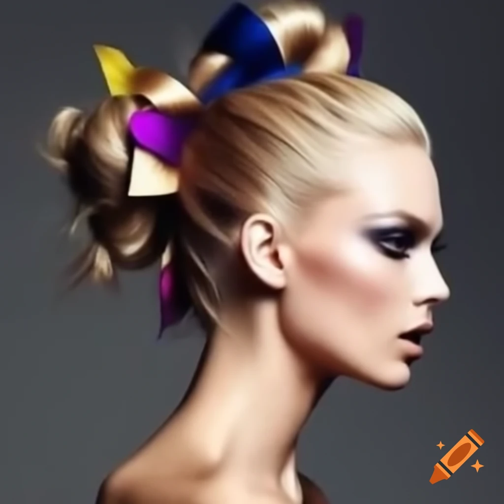 Blonde supermodel with elaborate hair updo and colorful magic ribbons ...