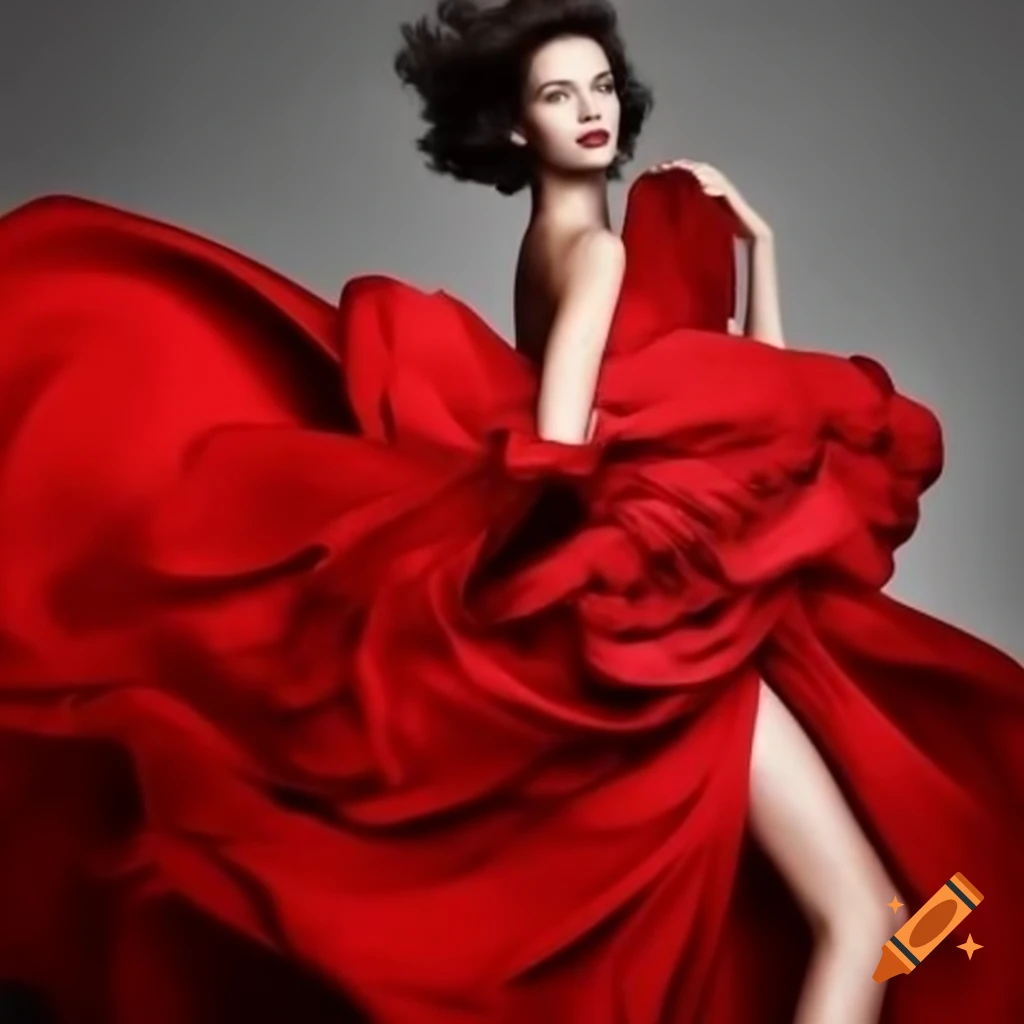 Supermodel wearing elegant red evening dress with high contrast ...