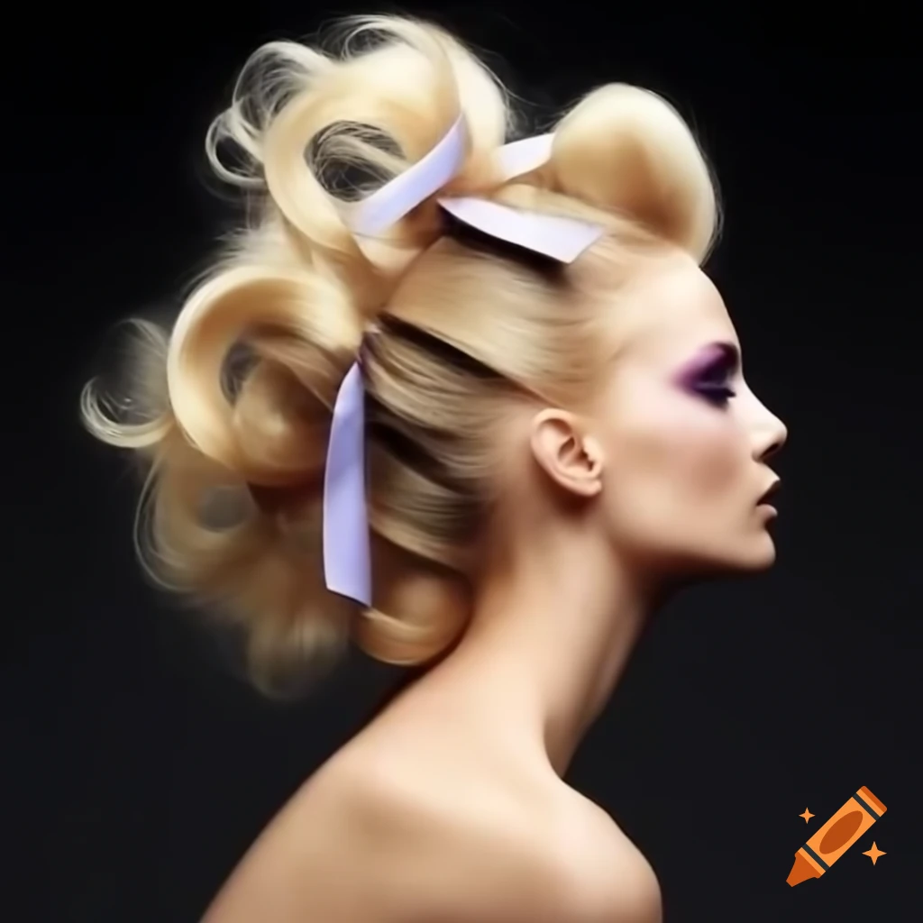Blonde supermodel with elaborate hair updo and colorful magic ribbons ...