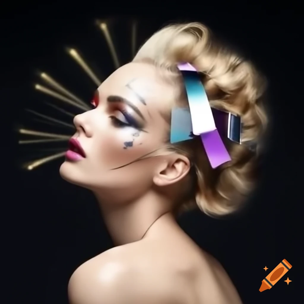 Blonde supermodel with magic hair updo and colorful ribbons on Craiyon