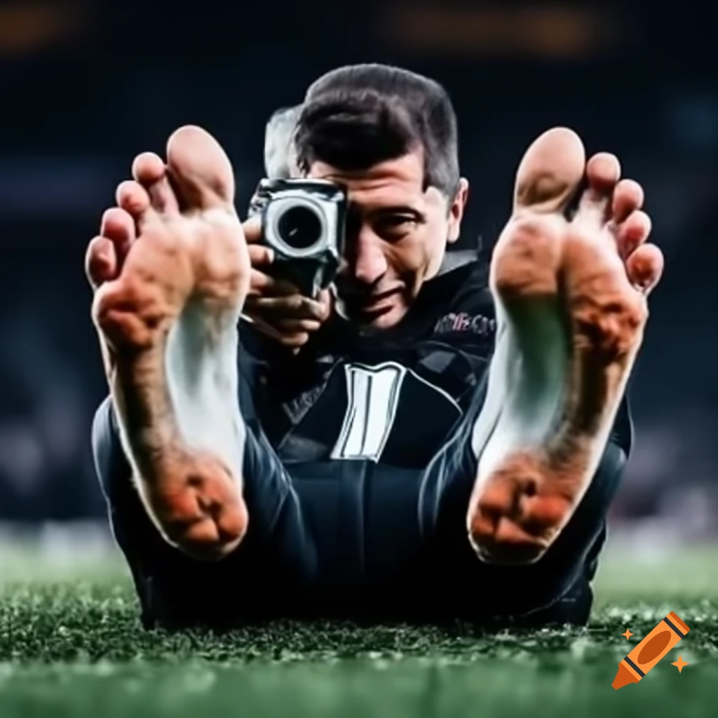 Robert Lewandowski showcasing his feet in a casual pose on Craiyon