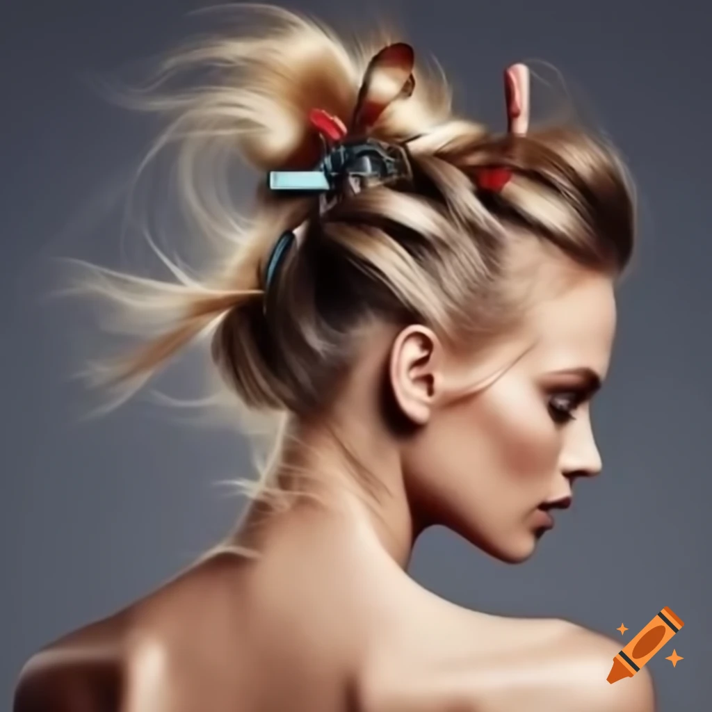 Blonde supermodel with magic hair updo and colorful ribbons on Craiyon