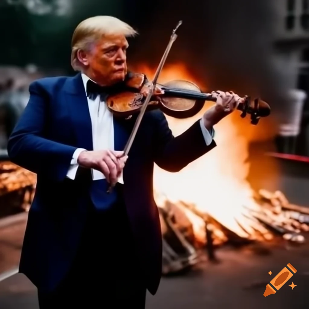 Satirical scene of Donald Trump playing fiddle with burning New York ...
