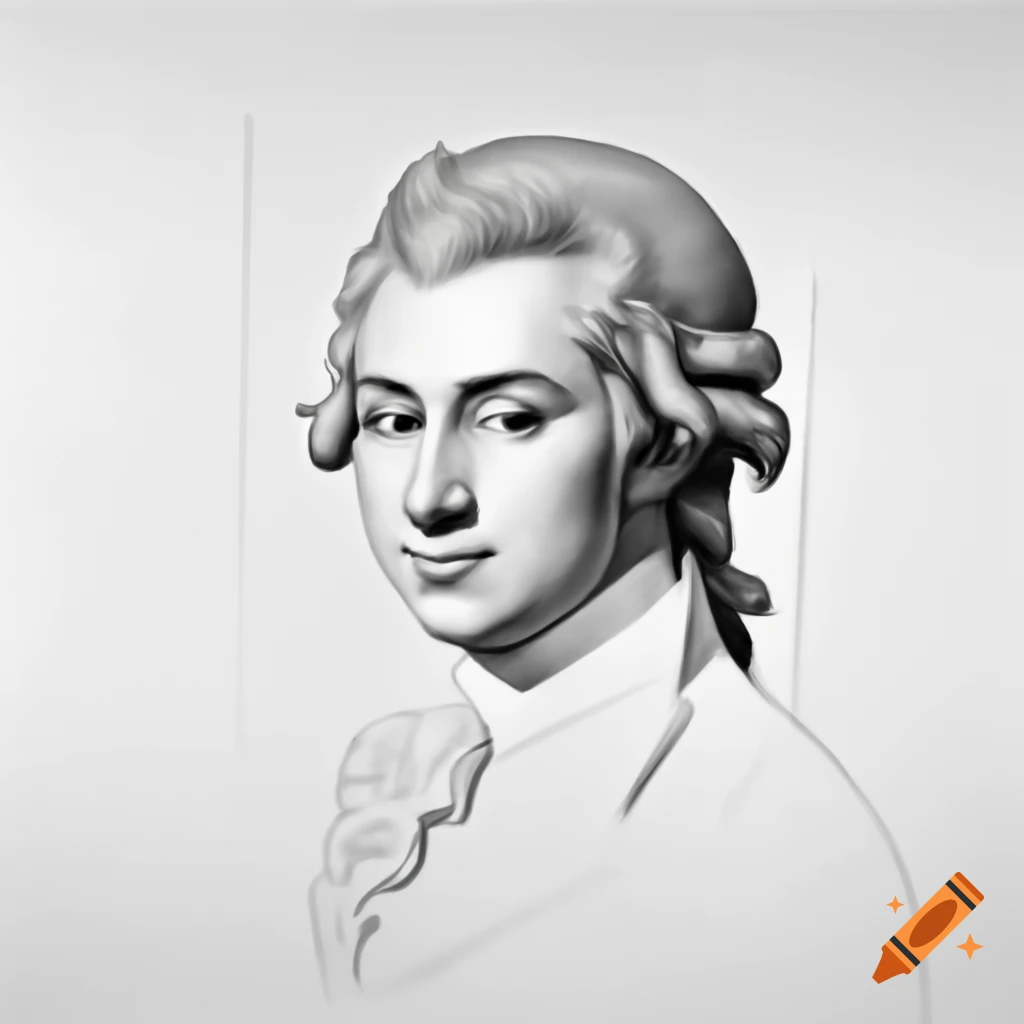 Minimalist portrait of Wolfgang Amadeus Mozart in thin black lines on ...